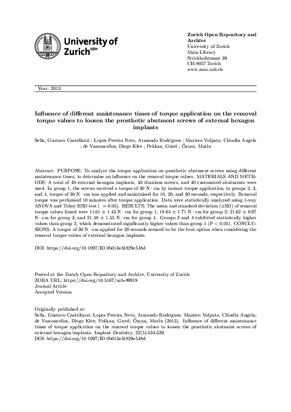 (PDF) Influence of Different Maintenance Times of Torque Application on ...