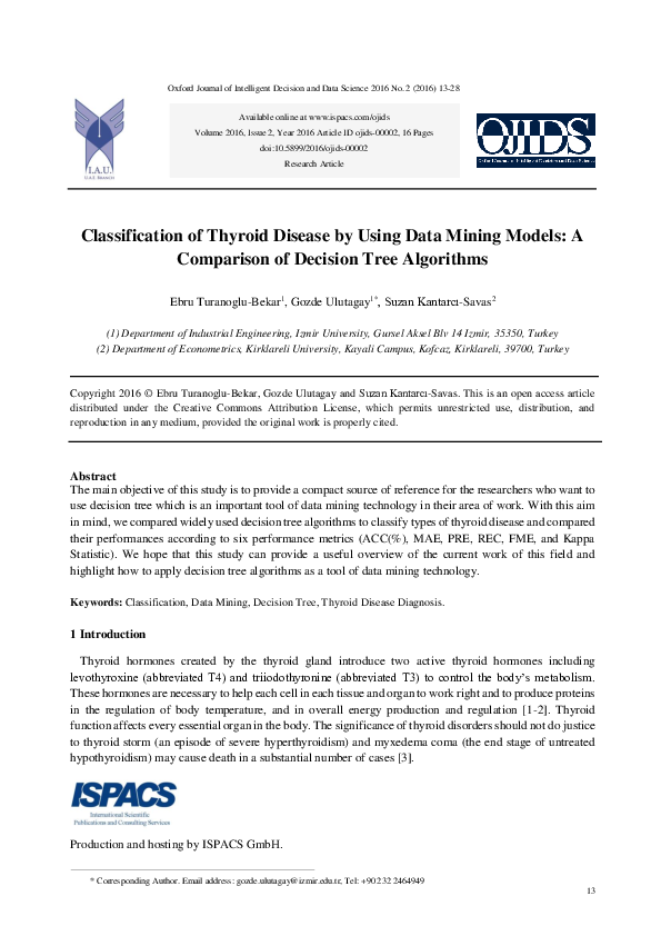 Pdf Classification Of Thyroid Disease By Using Data Mining Models A