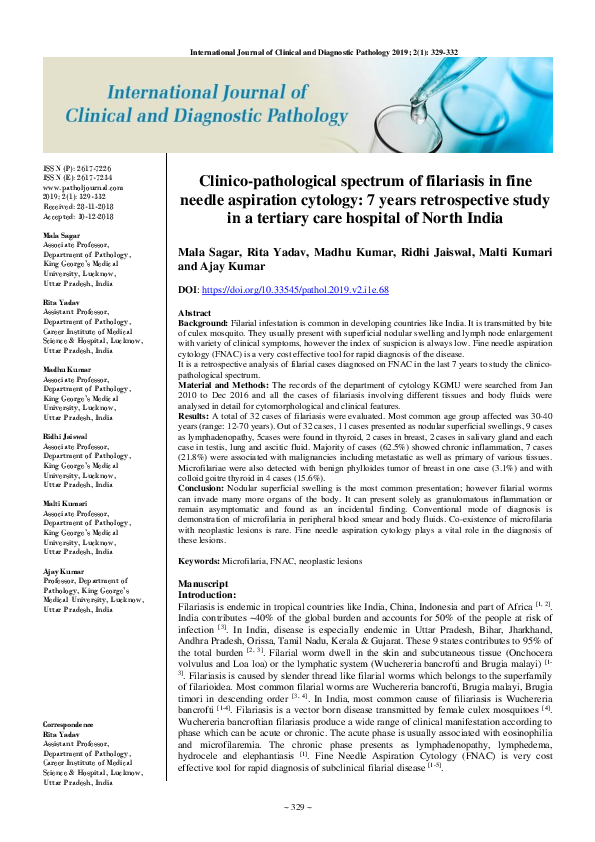 (PDF) Clinico-pathological spectrum of filariasis in fine needle ...