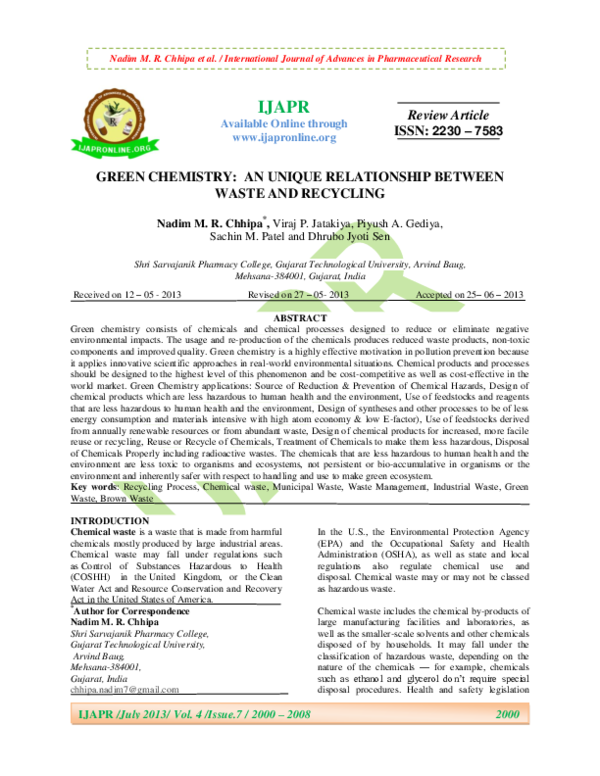 (PDF) Green Chemistry: An Unique Relationship Between Waste and Recycling