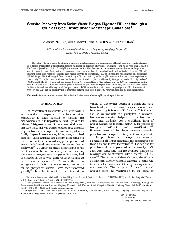(PDF) Struvite Recovery from Swine Waste Biogas Digester Effluent ...