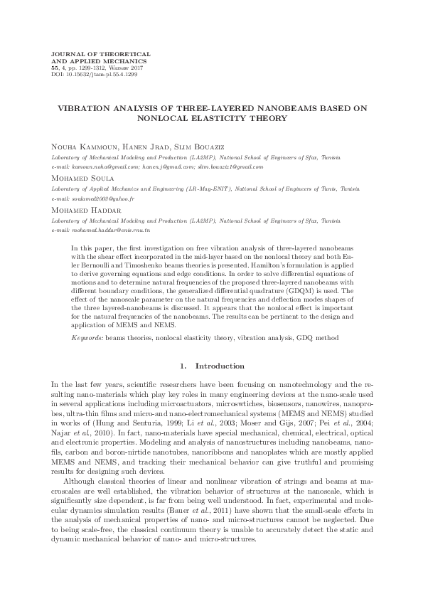 (PDF) Vibration analysis of three-layered nanobeams based on nonlocal elasticity theory