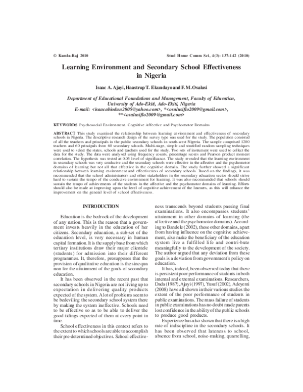 (PDF) Learning Environment and Secondary School Effectiveness in Nigeria