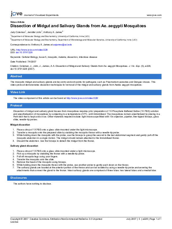 (PDF) Dissection of midgut and salivary glands from Ae. aegypti mosquitoes
