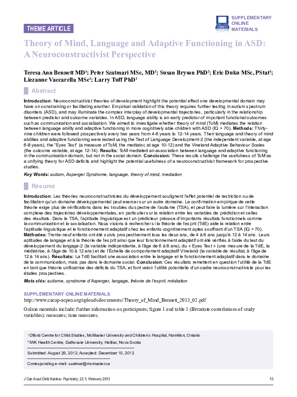 (PDF) Theory of Mind, Language and Adaptive Functioning in ASD: A ...
