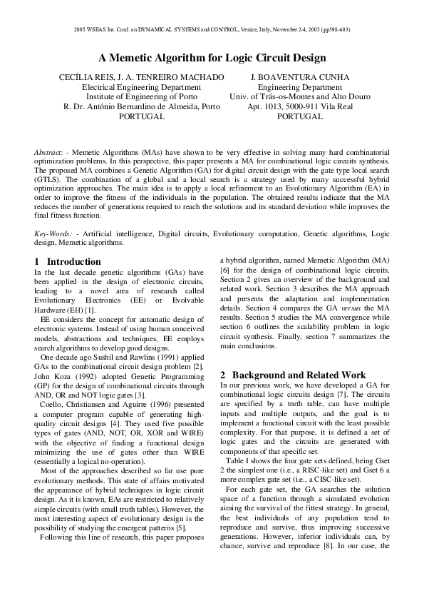 (PDF) A memetic algorithm for logic circuit design