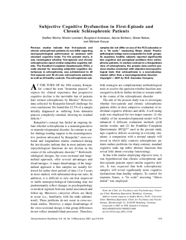 (PDF) Subjective cognitive dysfunction in first-episode and chronic ...