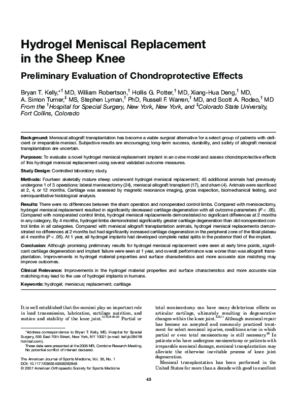Hydrogel Meniscal Replacement in the Sheep Knee: Preliminary Evaluation ...