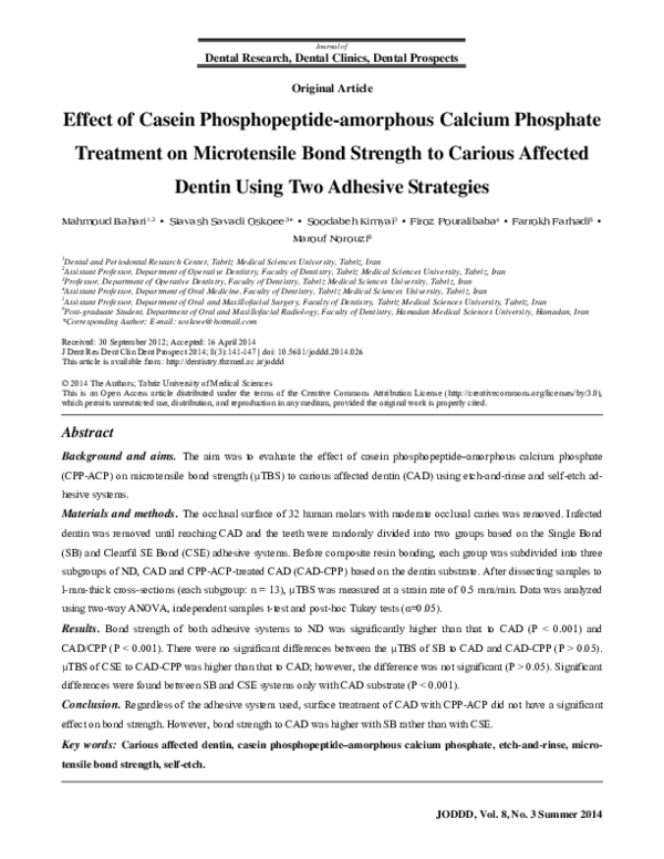 Pdf Effect Of Casein Phosphopeptide Amorphous Calcium Phosphate Treatment On Microtensile Bond