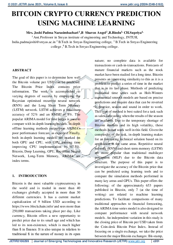 (PDF) Bitcoin Crypto Currency Prediction Using Machine Learning