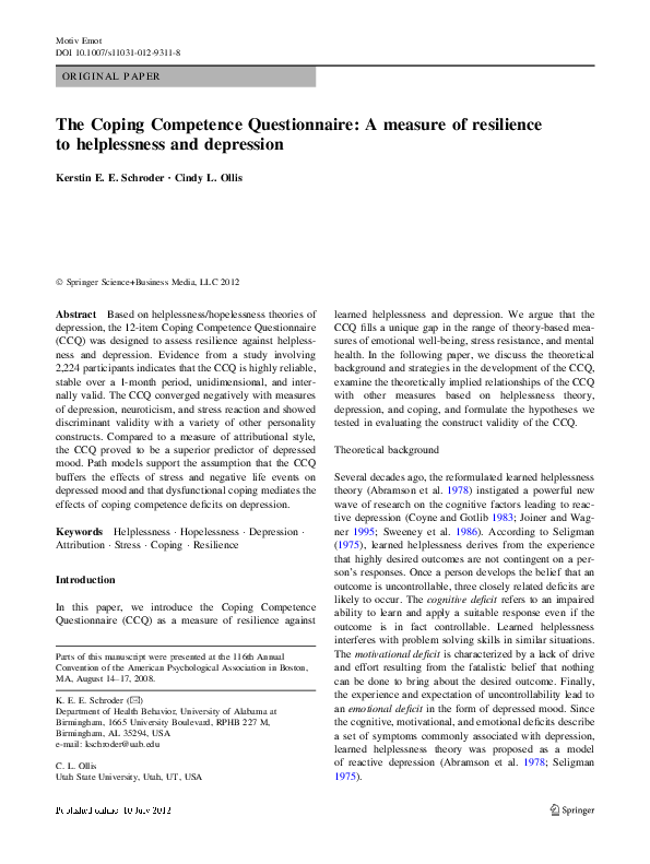 (PDF) The Coping Competence Questionnaire: A measure of resilience to ...