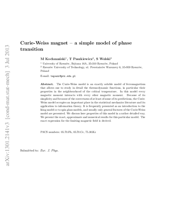 (PDF) Curie–Weiss magnet—a simple model of phase transition