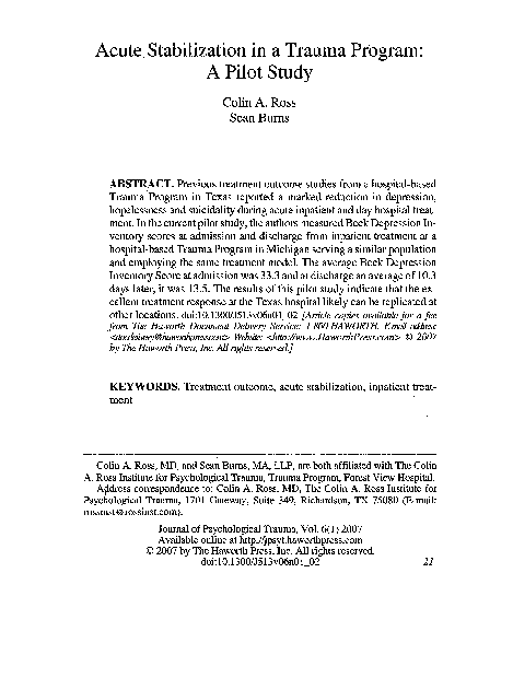 (PDF) Acute Stabilization in a Trauma Program A Pilot Study