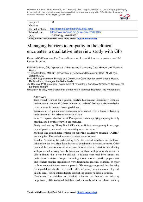 (PDF) Managing barriers to empathy in the clinical encounter: a ...