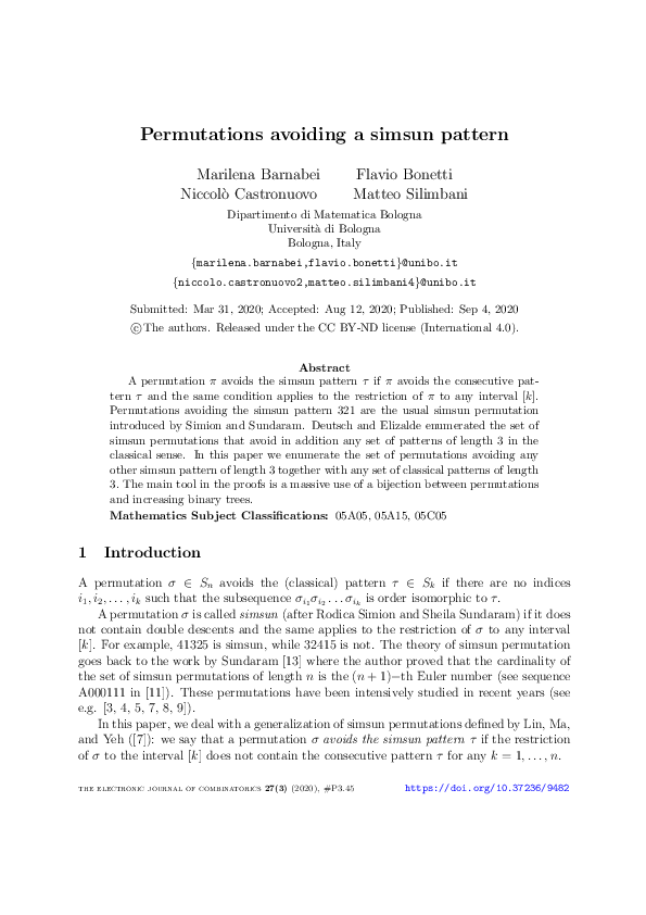 Pdf Permutations Avoiding A Simsun Pattern Flavio Bonetti