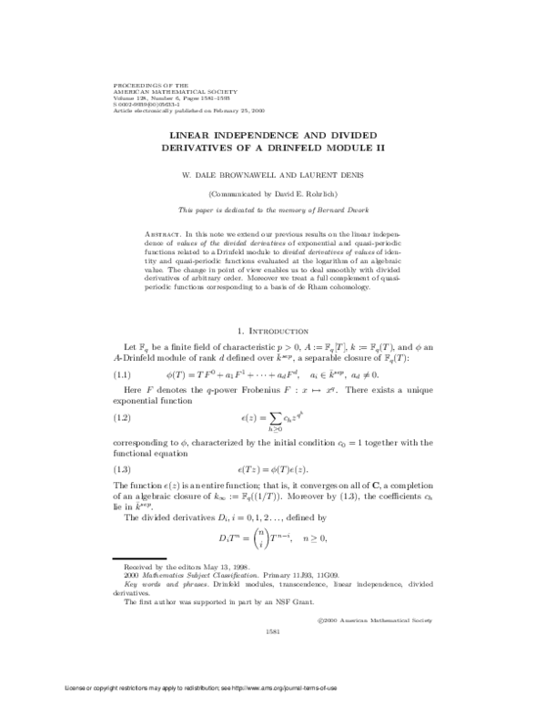 (PDF) Linear independence and divided derivatives of a Drinfeld module. I