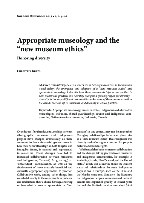 (PDF) Appropriate museology and the “new museum ethics”. Honoring diversity