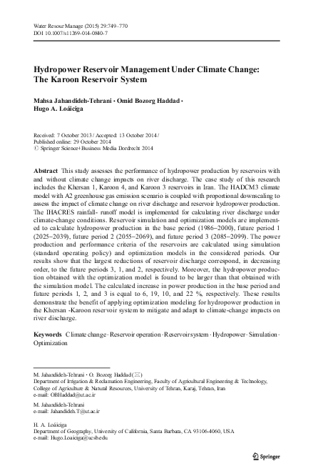(PDF) Hydropower Reservoir Management Under Climate Change: The Karoon ...