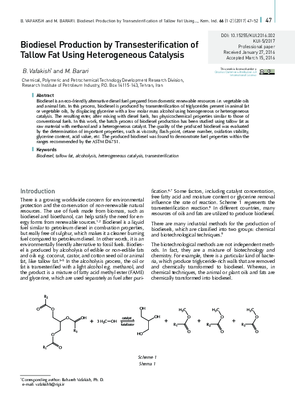 (PDF) Biodiesel Production by Transesterification of Tallow Fat Using ...