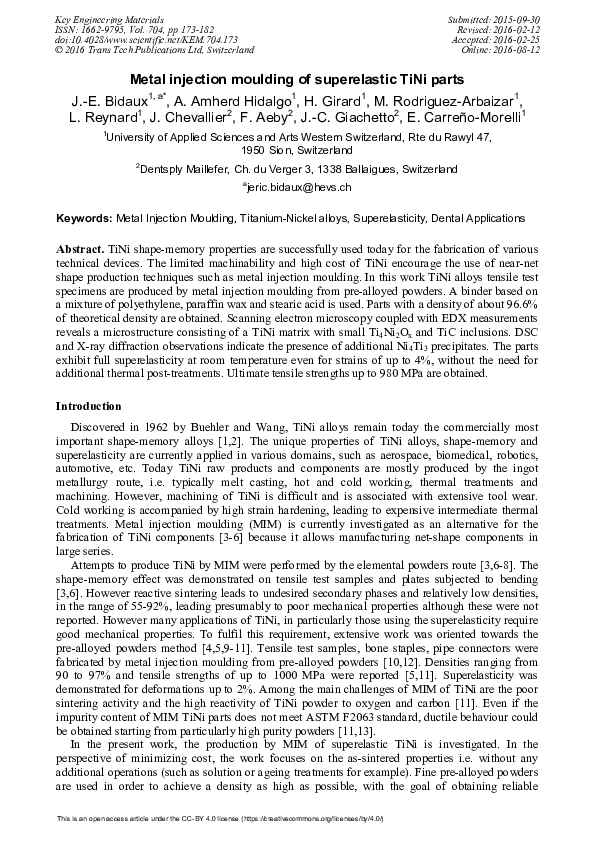 (PDF) Metal Injection Moulding of Superelastic TiNi Parts