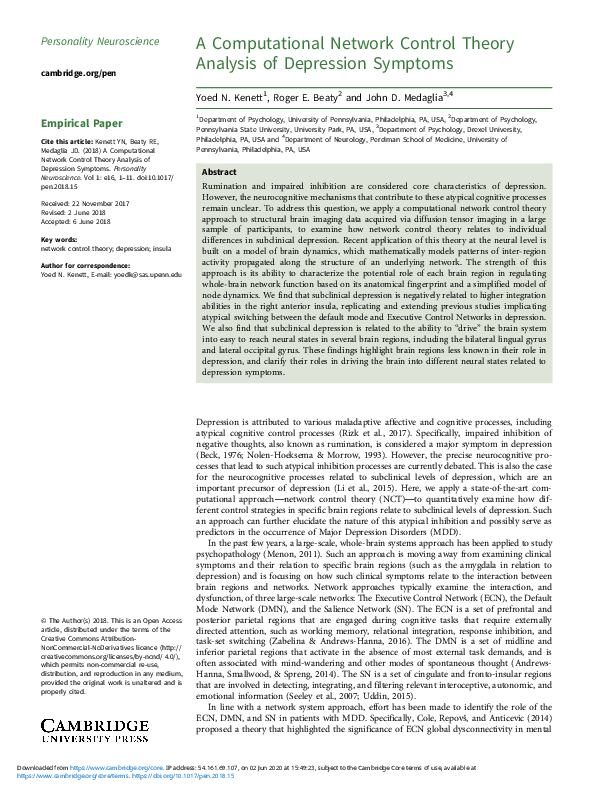 (PDF) A Computational Network Control Theory Analysis of Depression ...