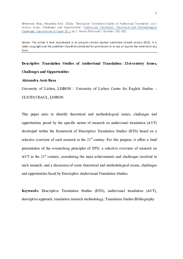 (PDF) Descriptive translation studies of audiovisual translation: 21st ...