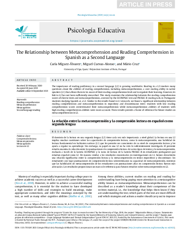 (PDF) The Relationship between Metacomprehension and Reading Comprehension in Spanish as a ...