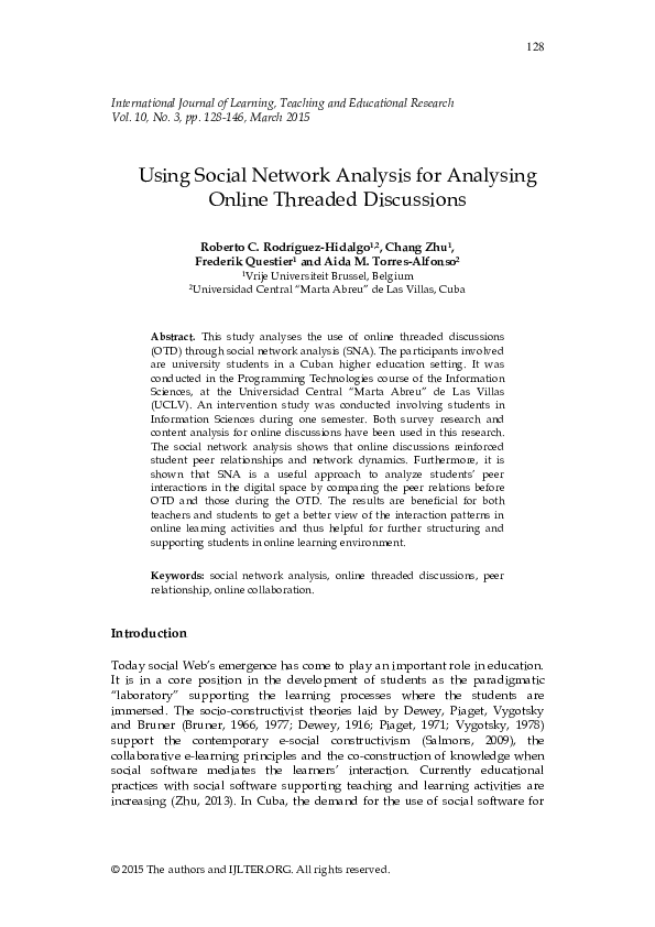 (PDF) Using Social Network Analysis for Analysing Online Threaded Discussions