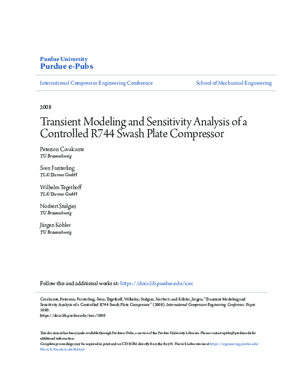 (PDF) Transient Modeling and Sensitivity Analysis of a Controlled R744 Swash Plate Compressor