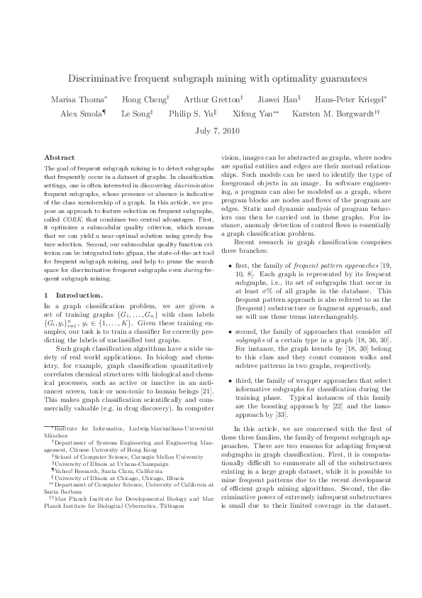 Pdf Discriminative Frequent Subgraph Mining With Optimality Guarantees Jiawei Han 7931
