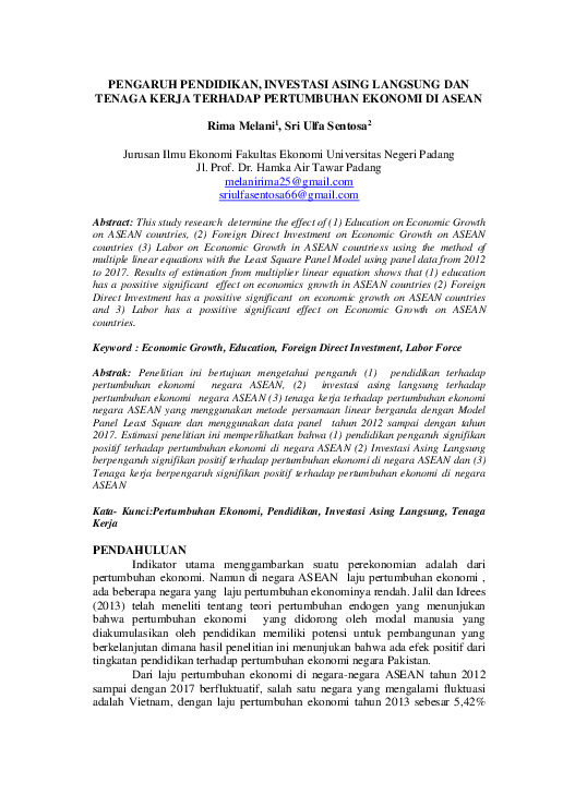 (PDF) Pengaruh Pendidikan, Investasi Asing Langsung Dan Tenaga Kerja Terhadap Pertumbuhan ...