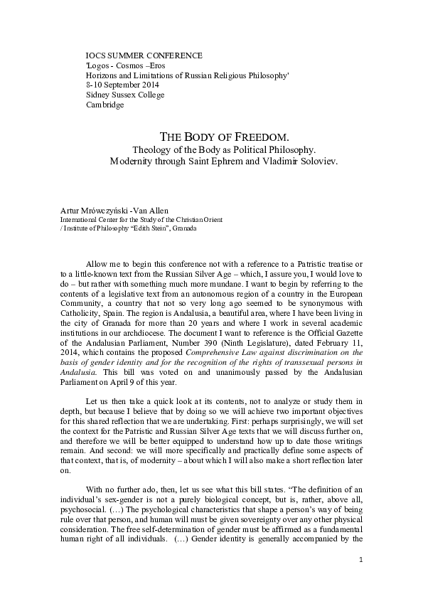 (PDF) THE BODY OF FREEDOM. Theology of the Body as Political Philosophy ...