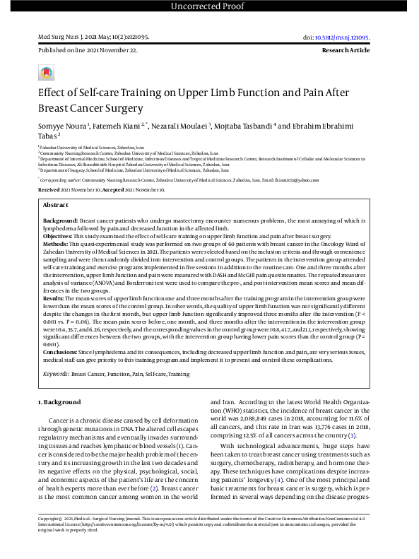 (PDF) Effect of Self-care Training on Upper Limb Function and Pain ...