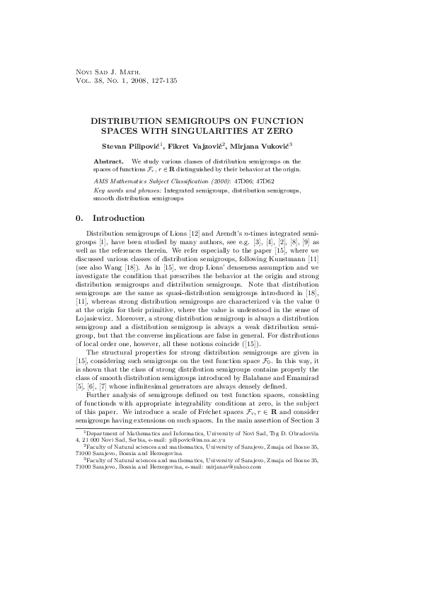 Pdf Distribution Semigroups On Function Spaces With Singularities At Zero