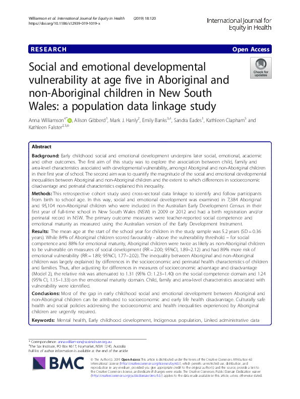 (PDF) Social and emotional developmental vulnerability at age five in ...
