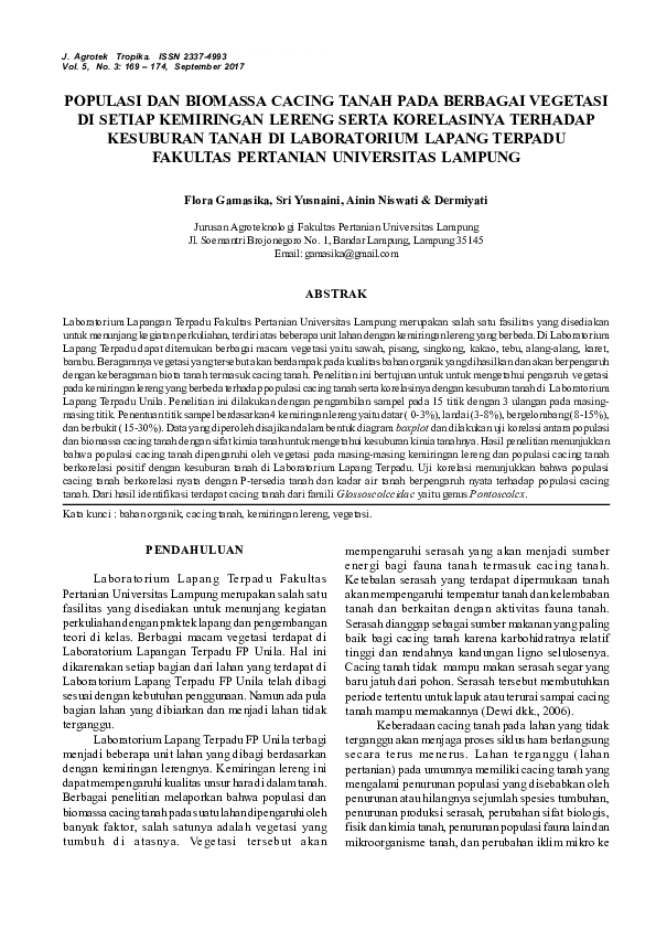 (PDF) Populasi Dan Biomassa Cacing Tanah Pada Berbagai Vegetasi DI Setiap Kemiringan Lereng ...