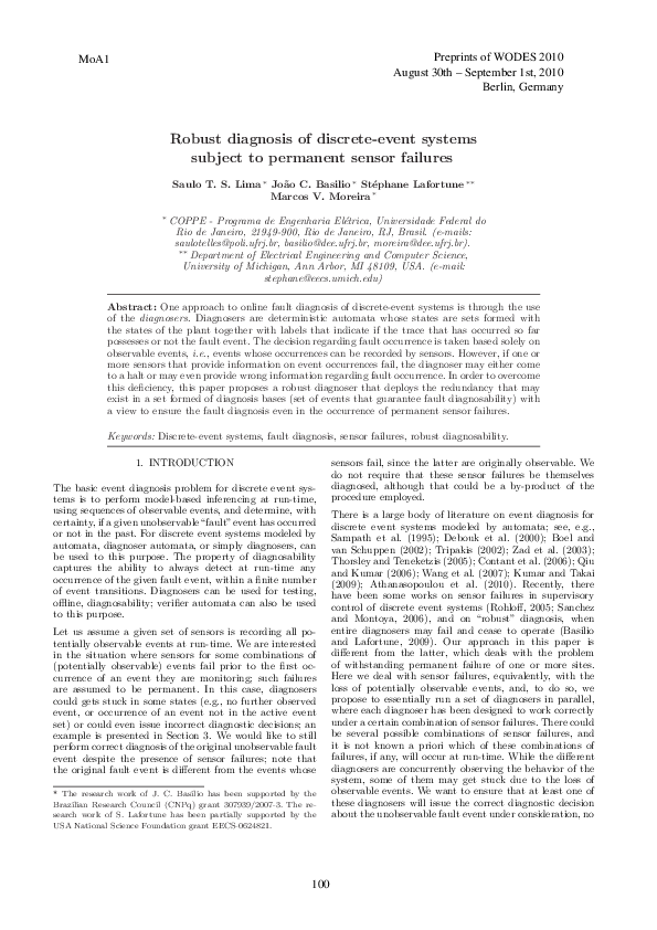 (PDF) Robust diagnosis of discrete-event systems subject to permanent sensor failures