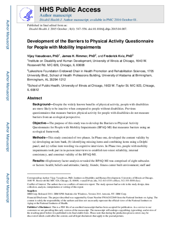 (PDF) Development of the Barriers to Physical Activity Questionnaire ...