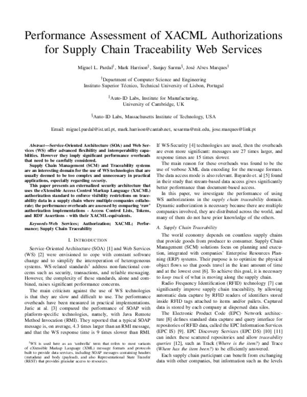 (PDF) Performance Assessment of XACML Authorizations for Supply Chain Traceability Web Services