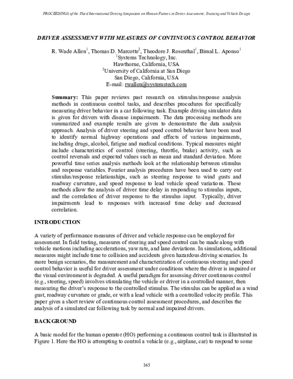 (PDF) Driver assessment with measures of continuous control behavior