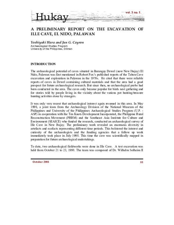 (PDF) A Preliminary Report on the Excavation of Ille Cave, El Nido, Palawan