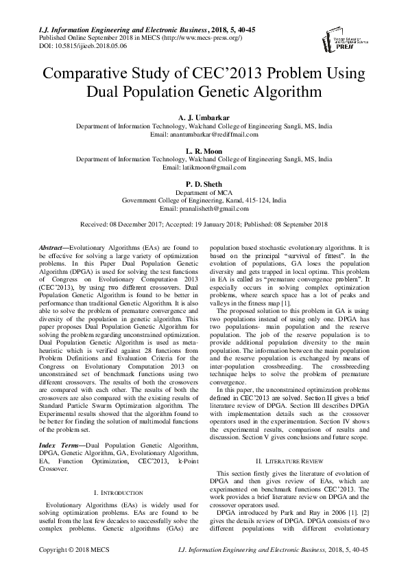 (PDF) Comparative Study of CEC’2013 Problem Using Dual Population Genetic Algorithm