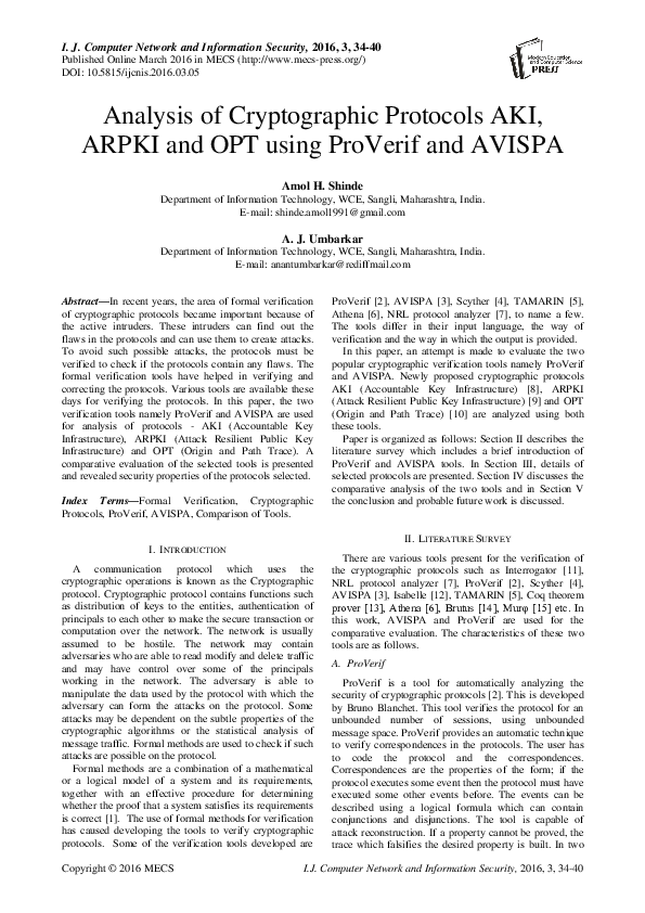 (PDF) Analysis of Cryptographic Protocols AKI, ARPKI and OPT using ProVerif and AVISPA