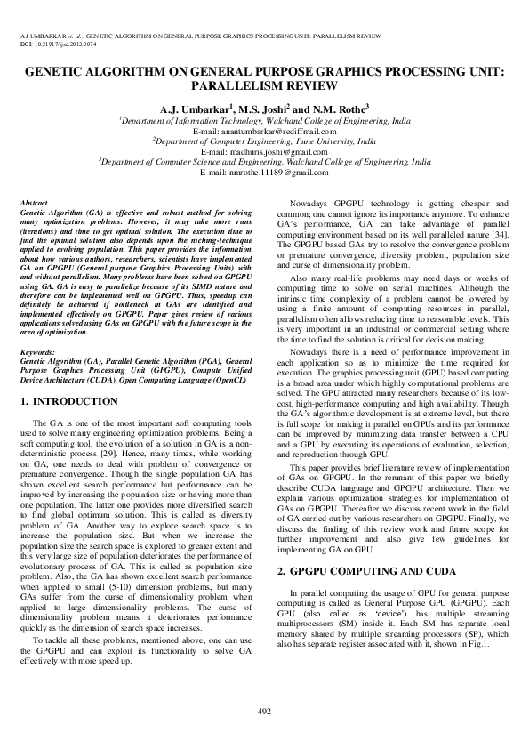 Pdf Genetic Algorithm On General Purpose Graphics Processing Unit Parallelism Review