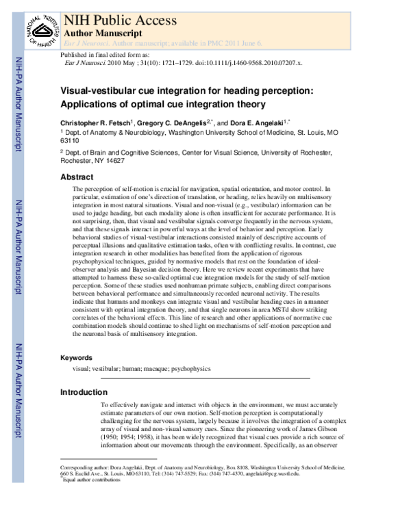 (PDF) Visual-vestibular cue integration for heading perception: applications of optimal cue ...