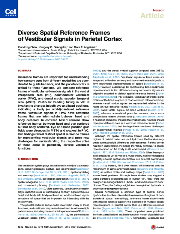 (PDF) Diverse Spatial Reference Frames of Vestibular Signals in ...