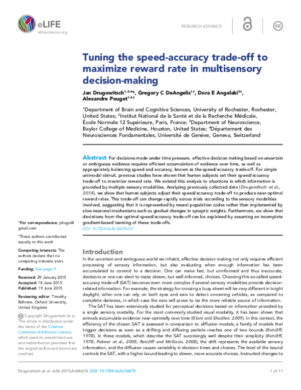 (PDF) Tuning the speed-accuracy trade-off to maximize reward rate in ...