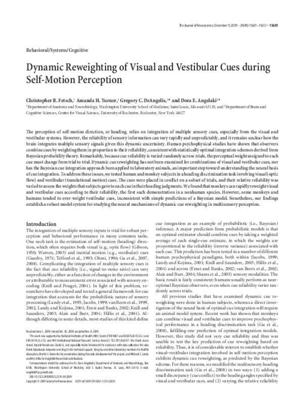(PDF) Dynamic reweighting of visual and vestibular cues during self-motion perception | Gregory ...