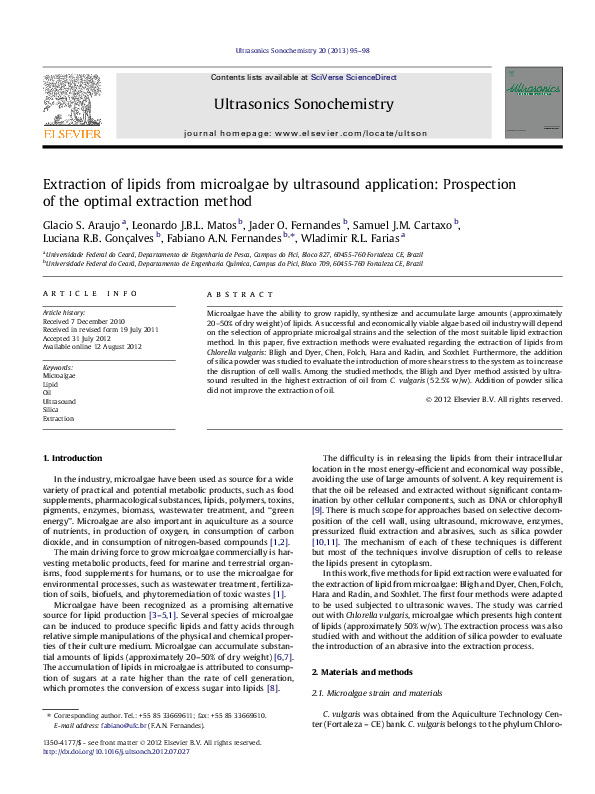 (PDF) Extraction of lipids from microalgae by ultrasound application: Prospection of the optimal ...