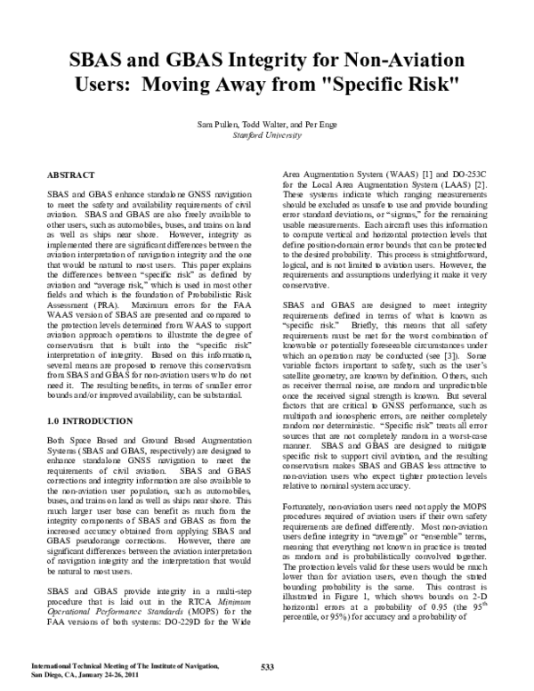 (PDF) SBAS and GBAS Integrity for Non-Aviation Users: Moving Away from" Specific Risk